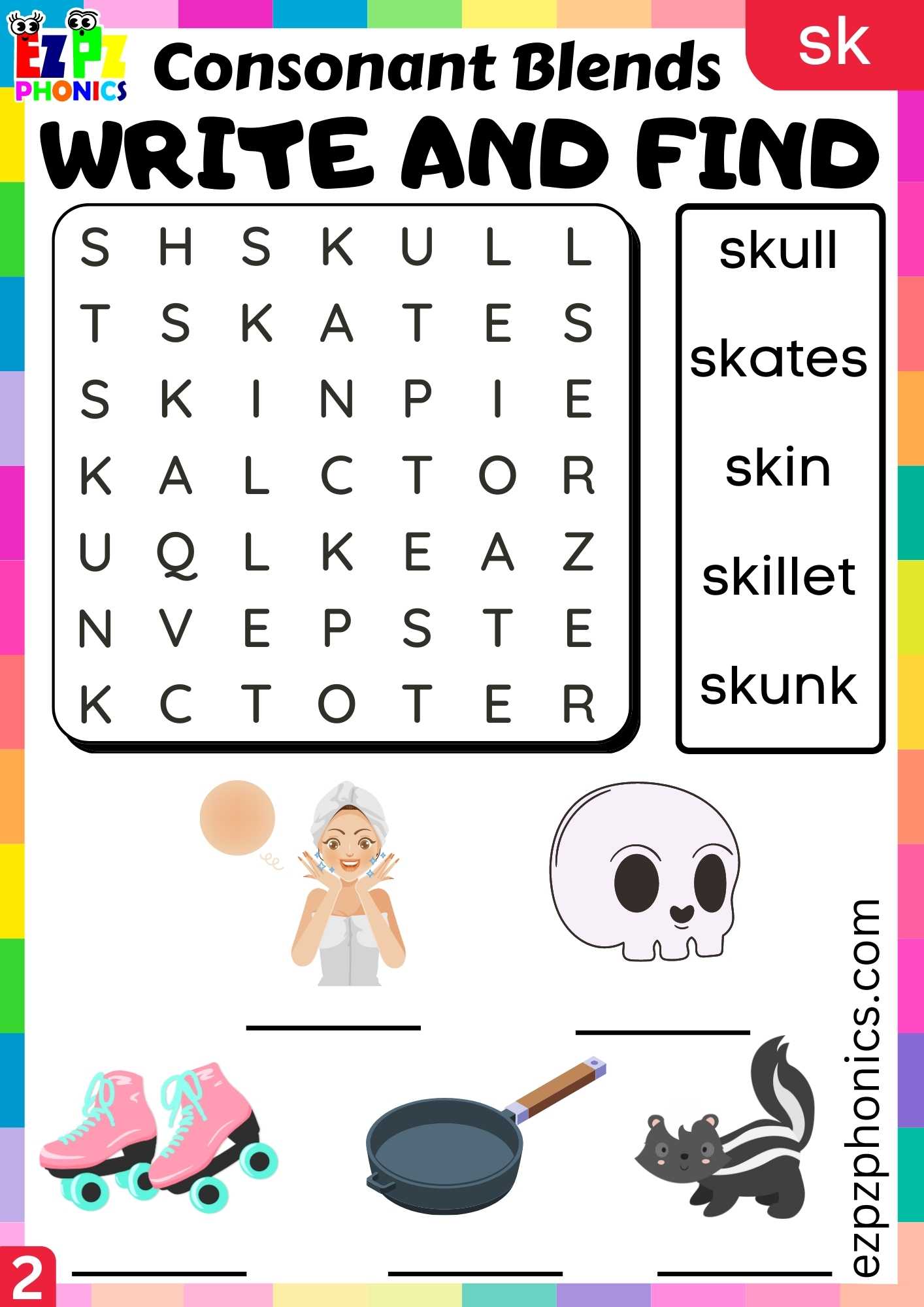Group2 Sk Words Write And Find Phonics Consonant Blends Worksheet